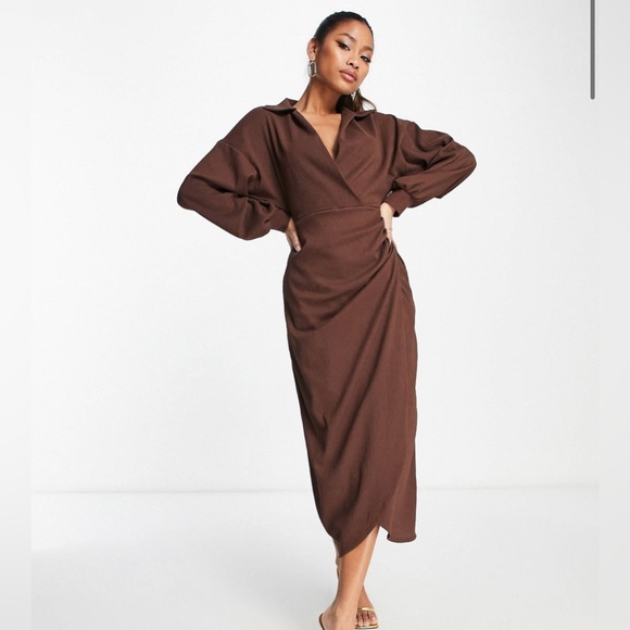 ASOS | Dresses | Asos Textured Collared Wrap Midi Dress In Brown | Poshmark